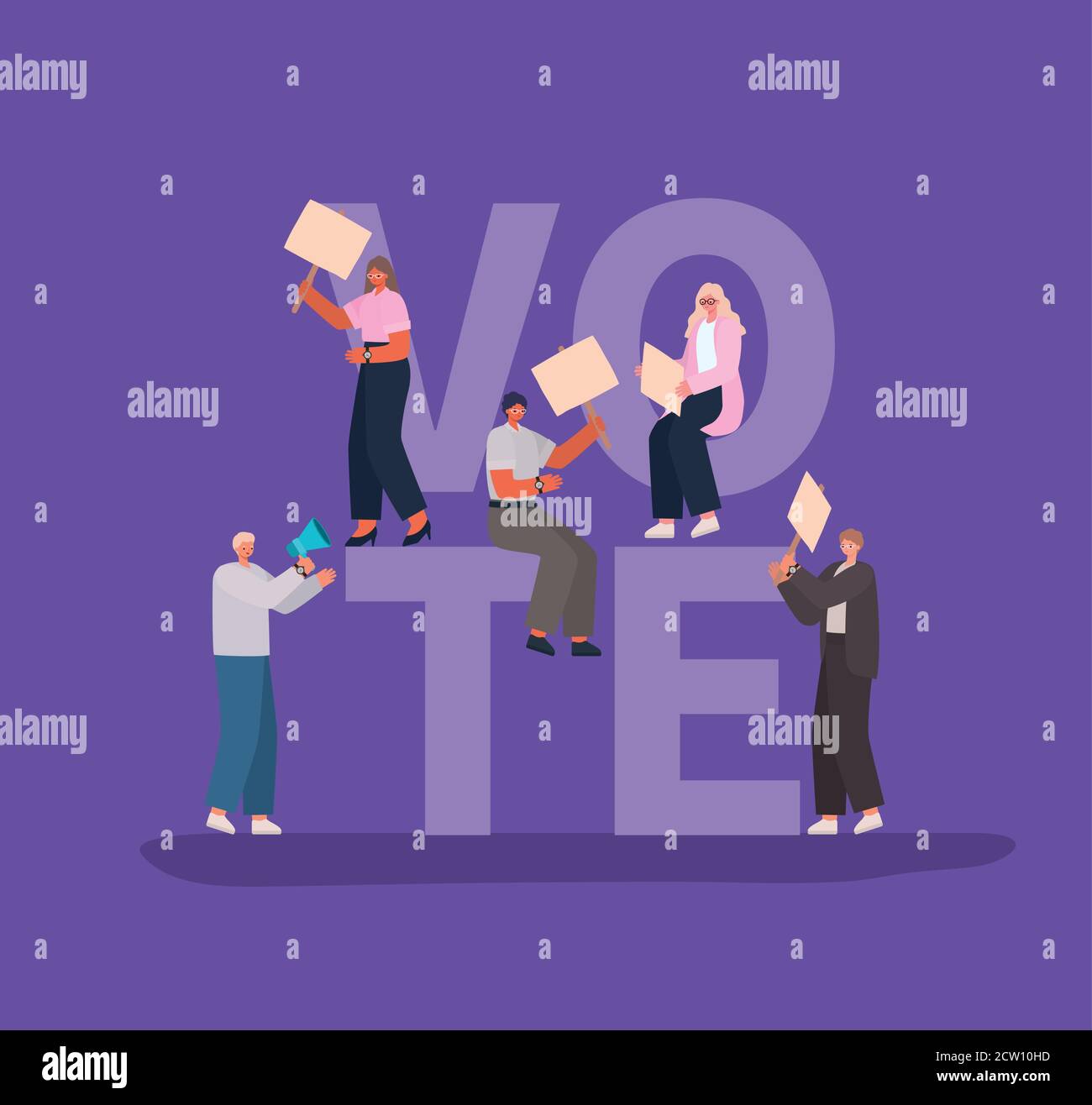 Women and men cartoons with vote banners and megaphone vector design ...