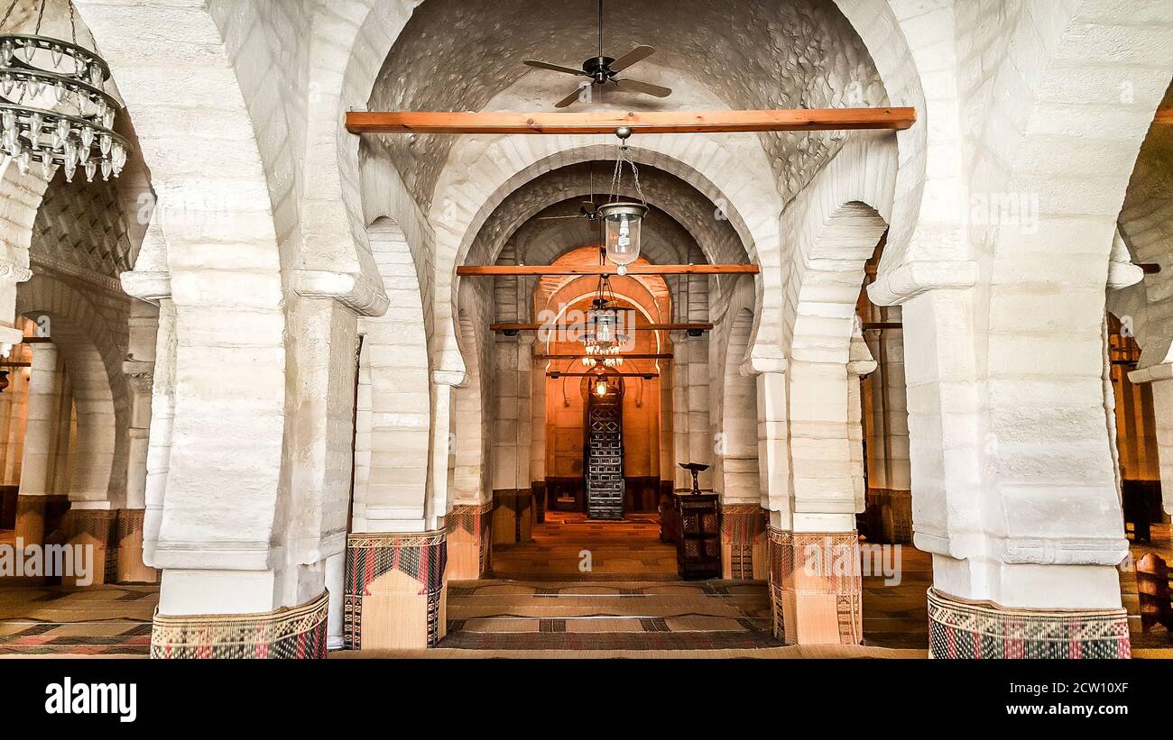 Interior of the Grand Mosque of Sousse. UNESCO World Heritage Site ...