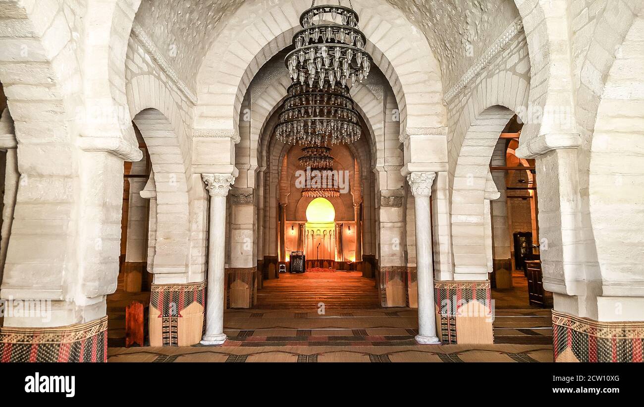 Interior of the Grand Mosque of Sousse. UNESCO World Heritage Site ...