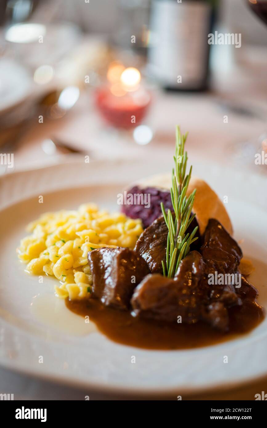 Italian beef tagliata dish with white rice and vegetables Stock Photo ...