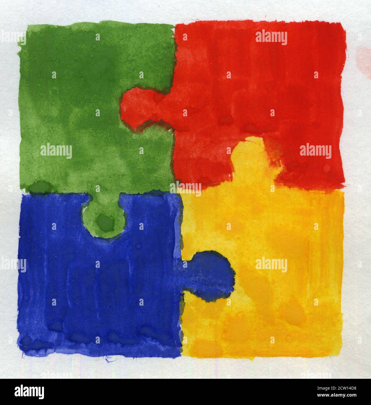 Four colorful jigsaw puzzle close-up painted background on paper sheet ...