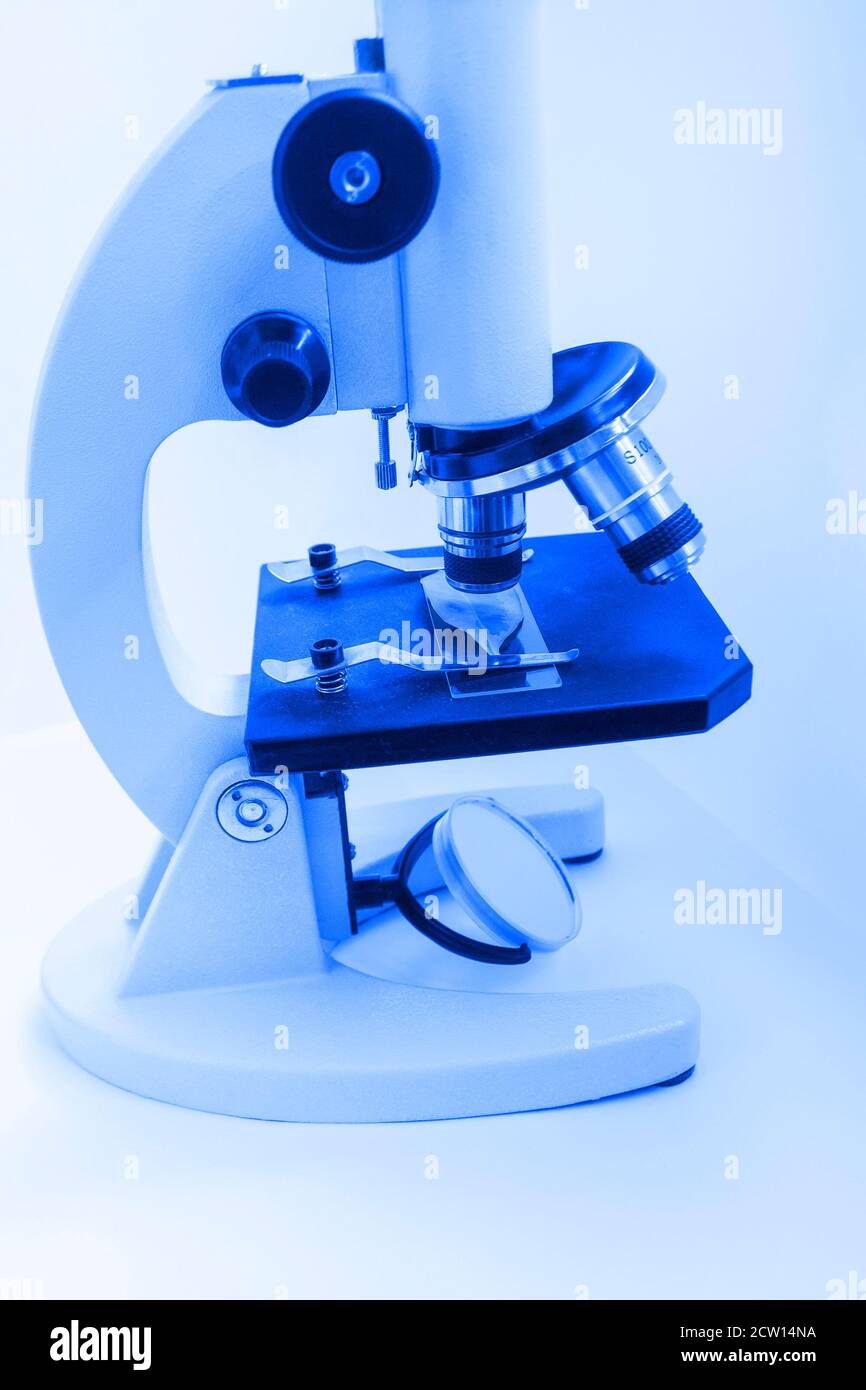 Closeup lens of a modern scientific microscope in the laboratory ...
