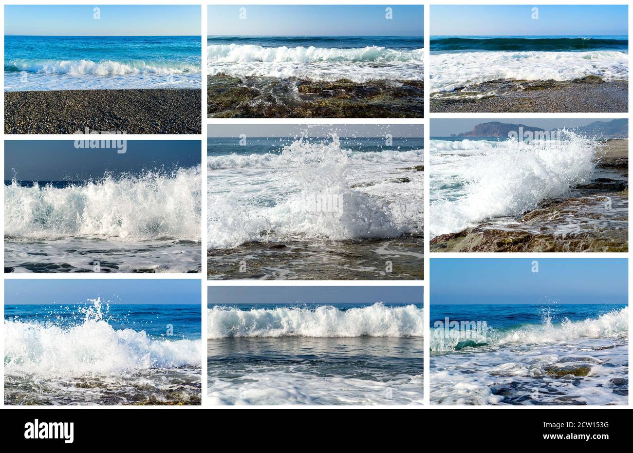Collage of the sea coast background photos with waves and splashes ...