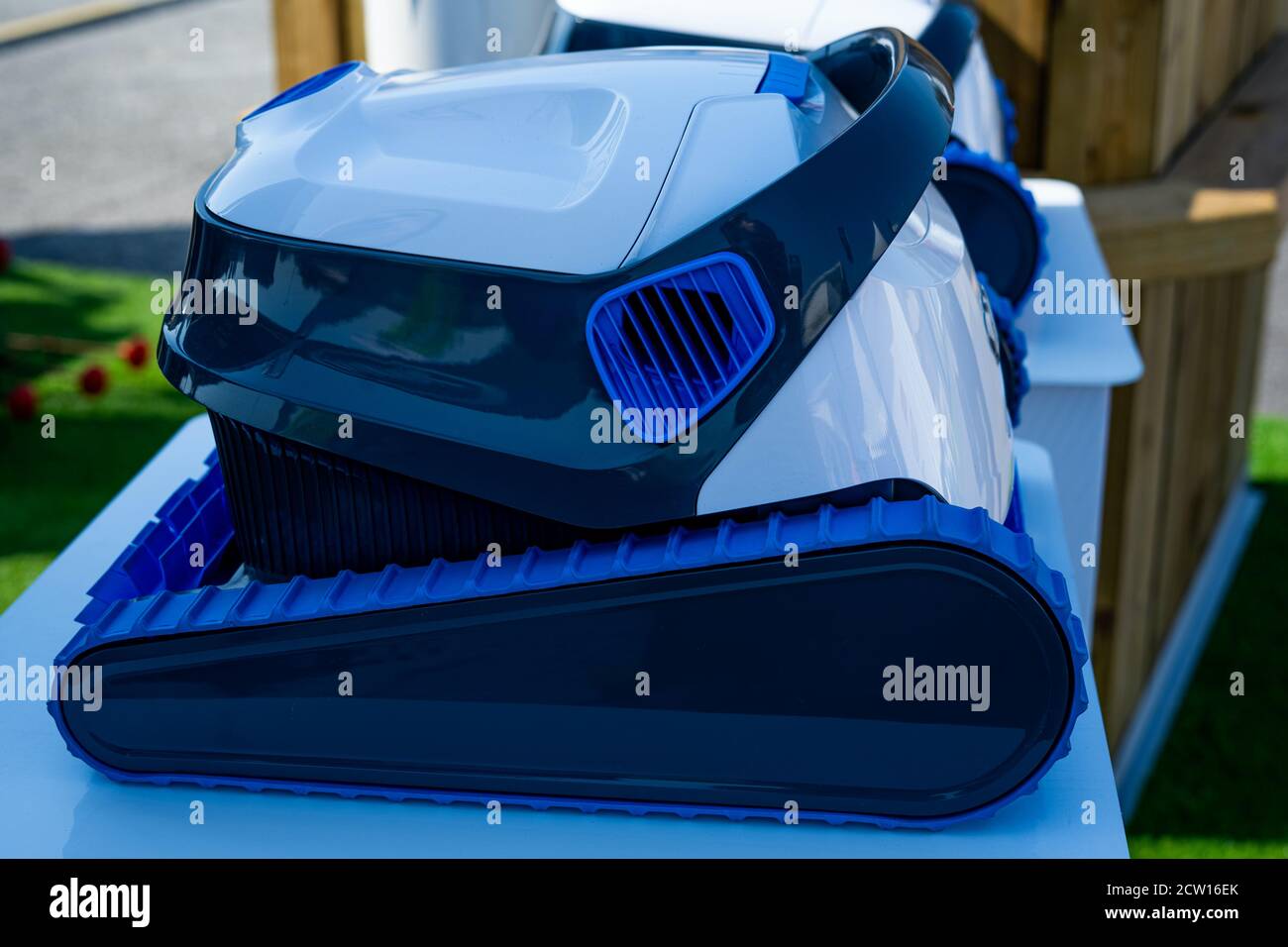 Cleaning robot for cleaning the bottom of swimming pools. Close-up ...