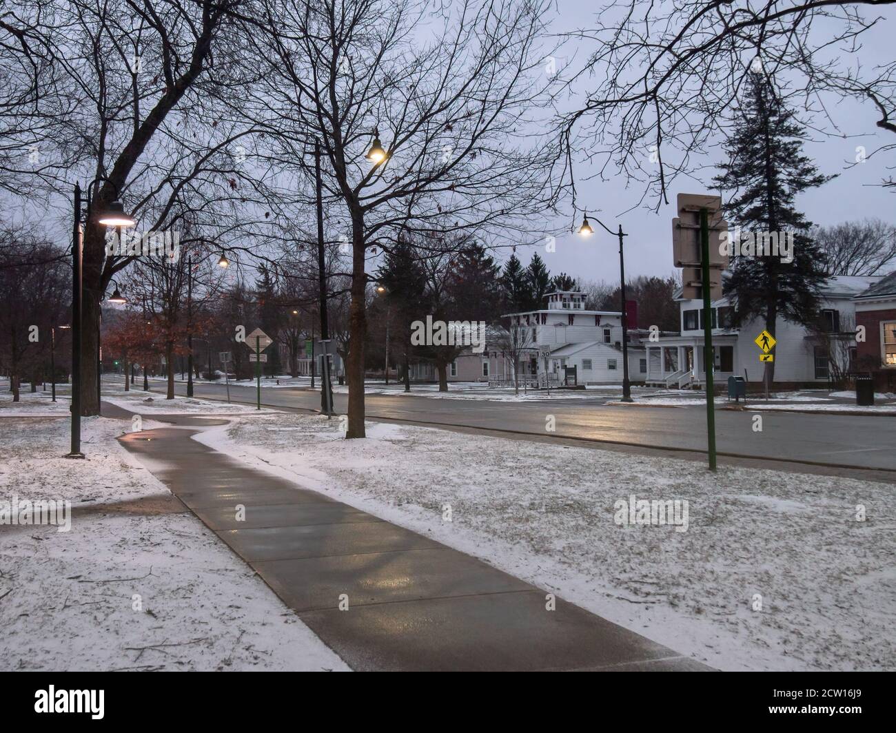 Quiet street at nighttime in the winter in Hamilton, New York Stock ...