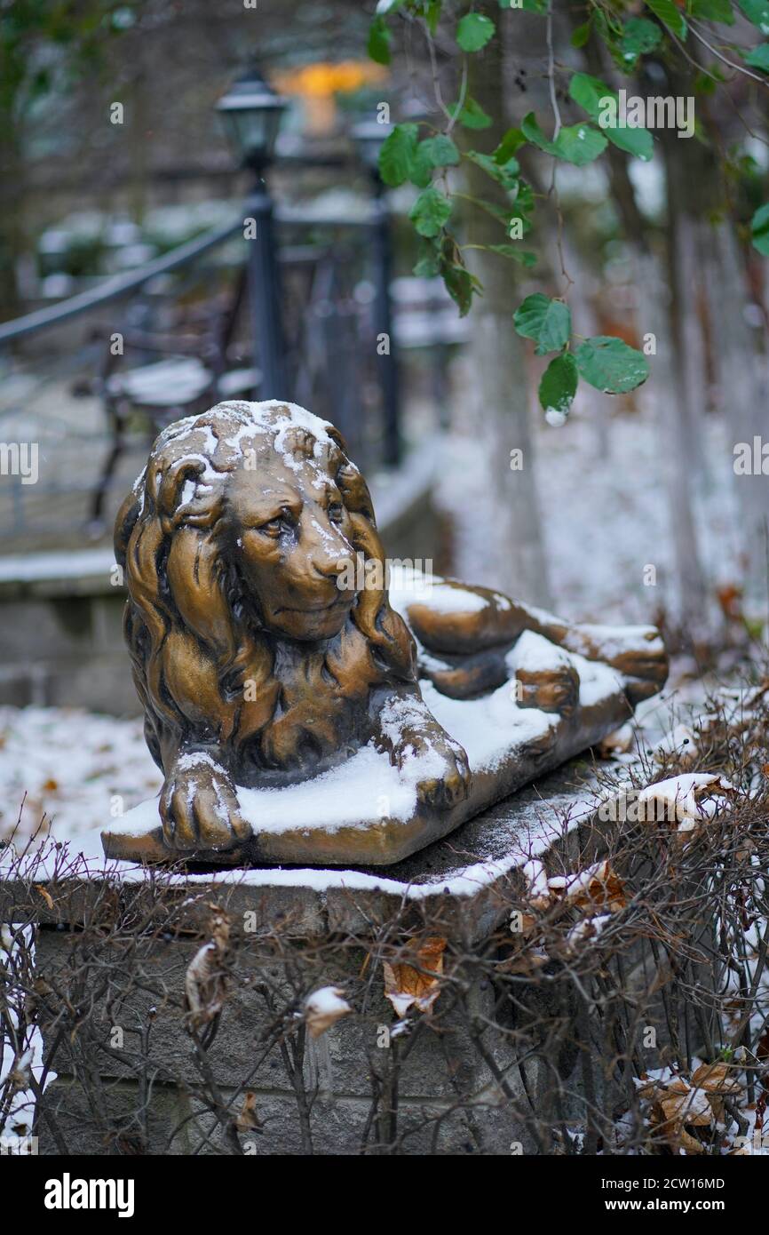 Small Lion Statue in the garden, covered with the first snow. Winter ...