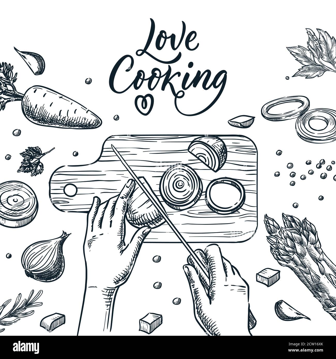 Healthy cooking, meal preparation process vector sketch illustration ...