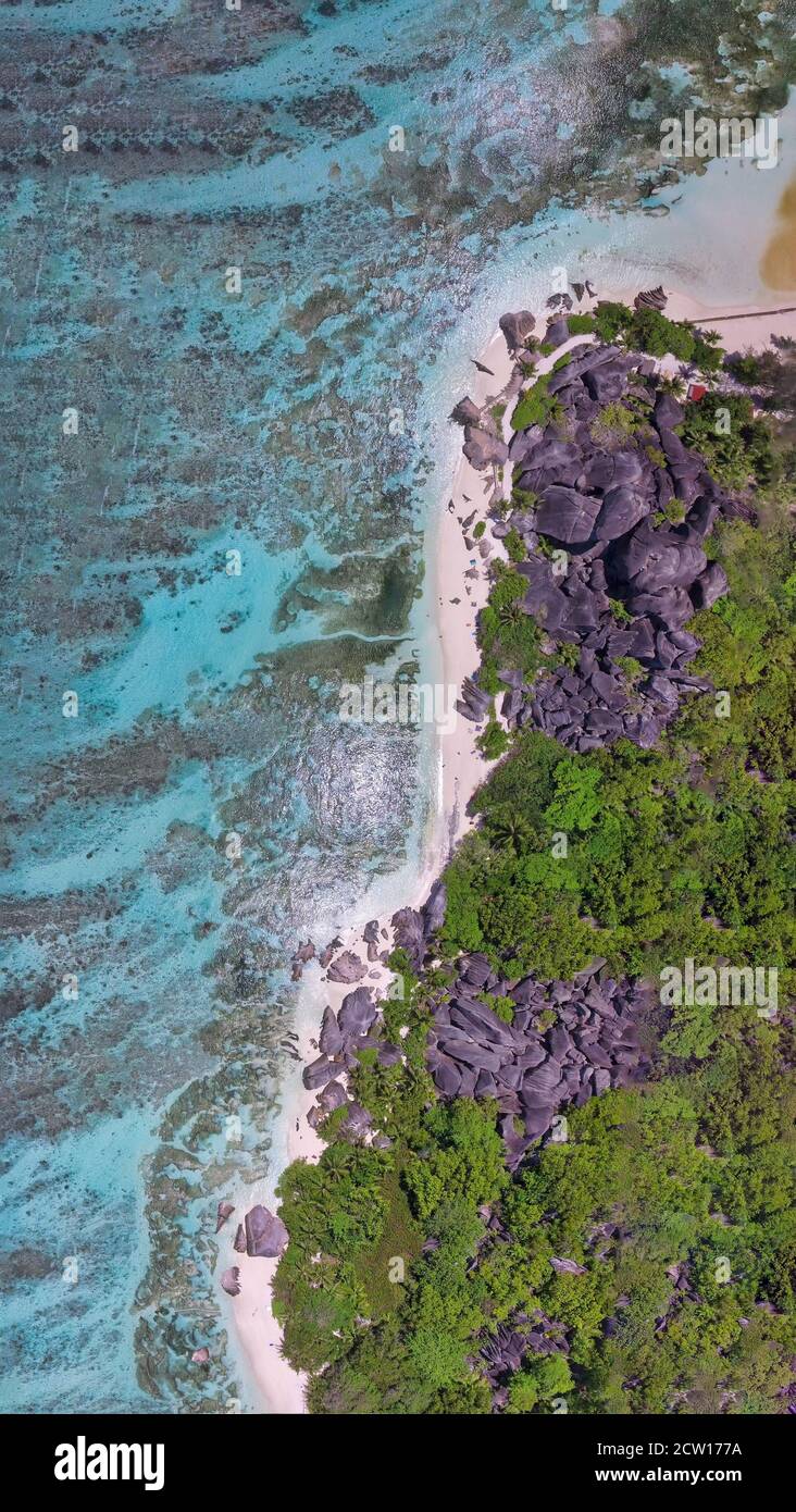 Aerial view of amazing Seychelles Beach. Downward drone viewpoint ...