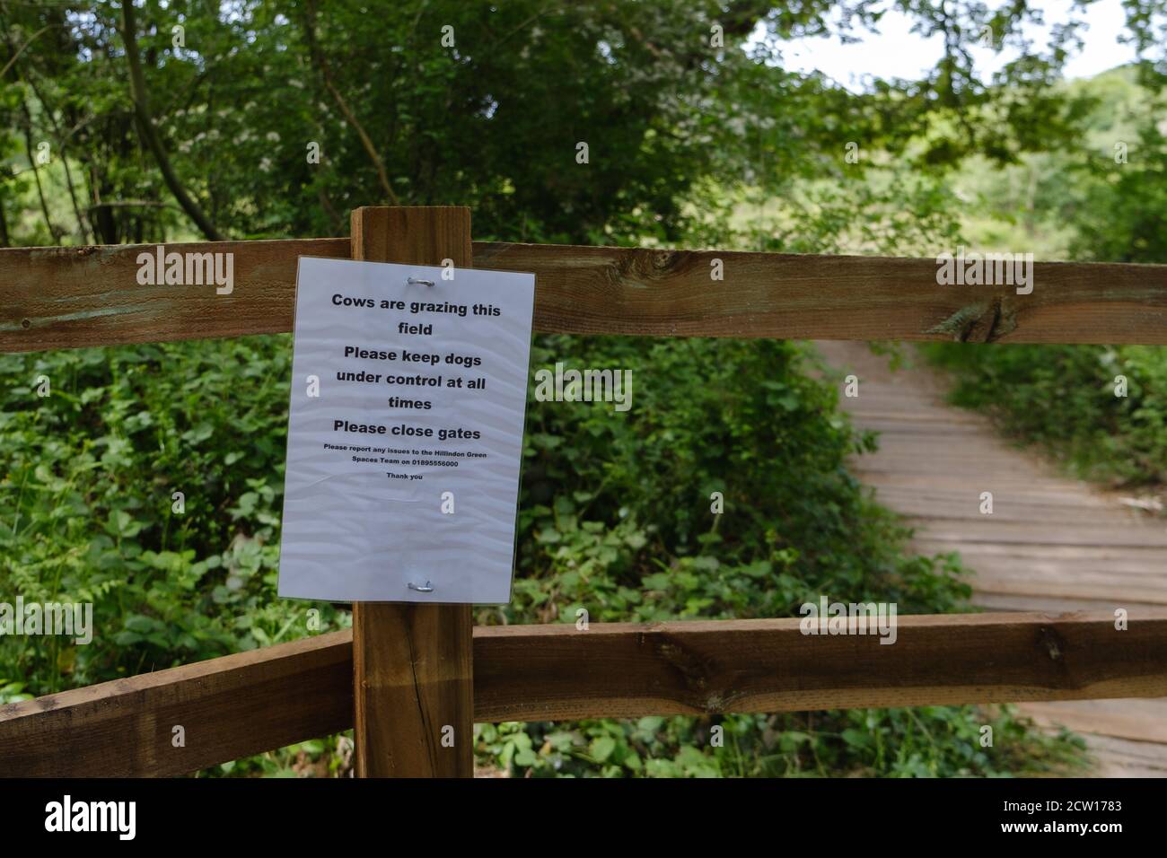 Sign on fence by Hillingdon Green Spaces Team about cows grazing and to ...
