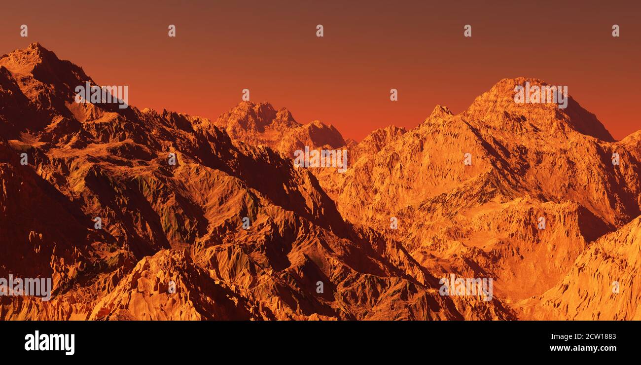 Mars landscape, 3d render of imaginary mars planet terrain, science ...