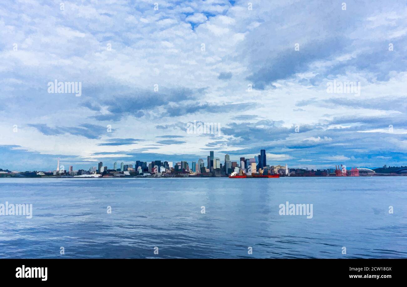 Clouds hover of the the Seattle skyline in Washington State Stock Photo ...