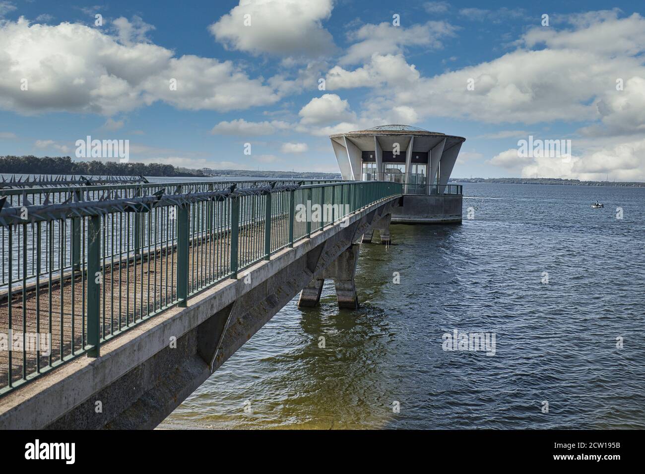 Valve tower and walkway at Grafham Water reservoir, Cambridgeshire, UK ...