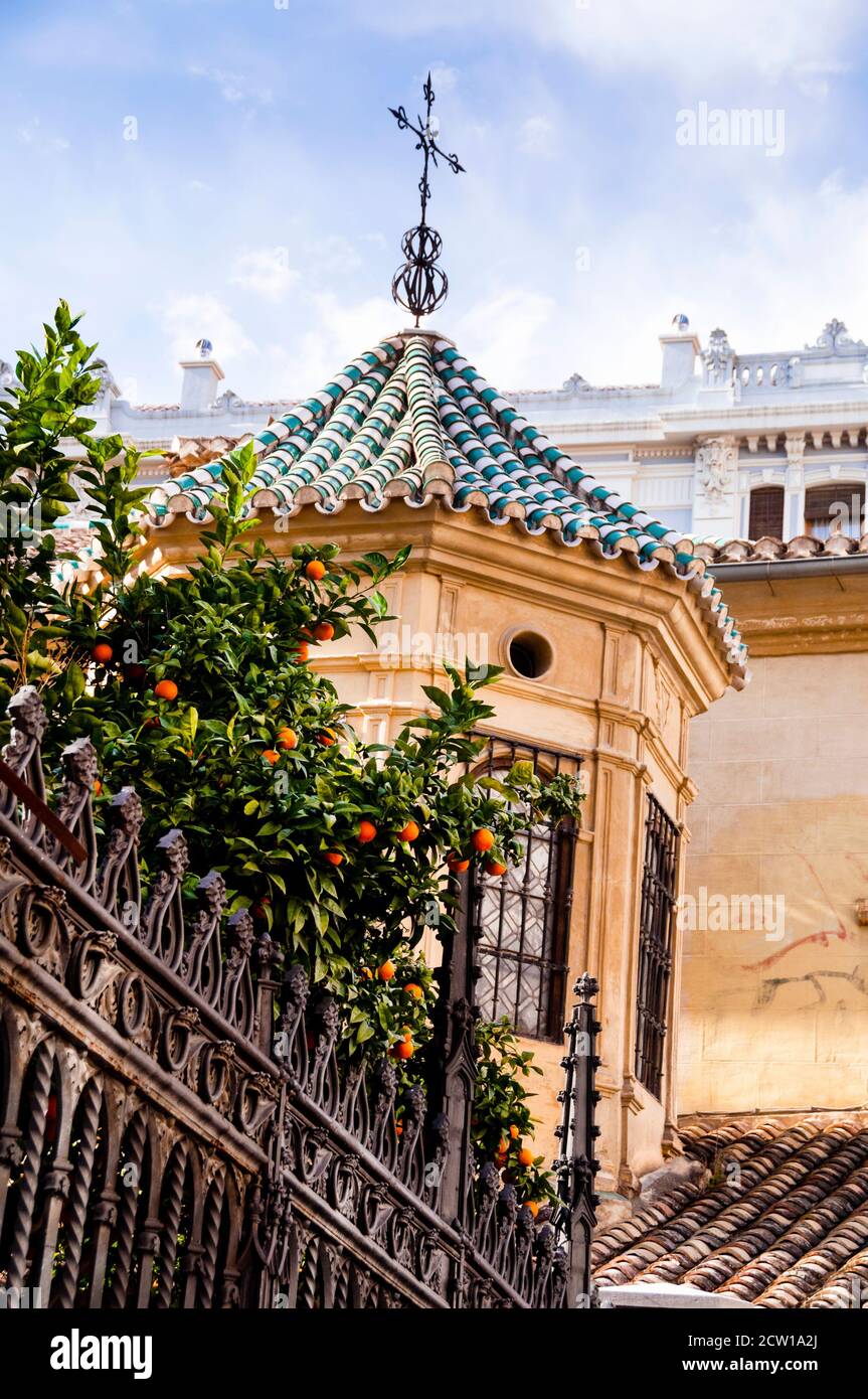 Tile roof, heavy iron gates covered in orange trees and a delicate ...