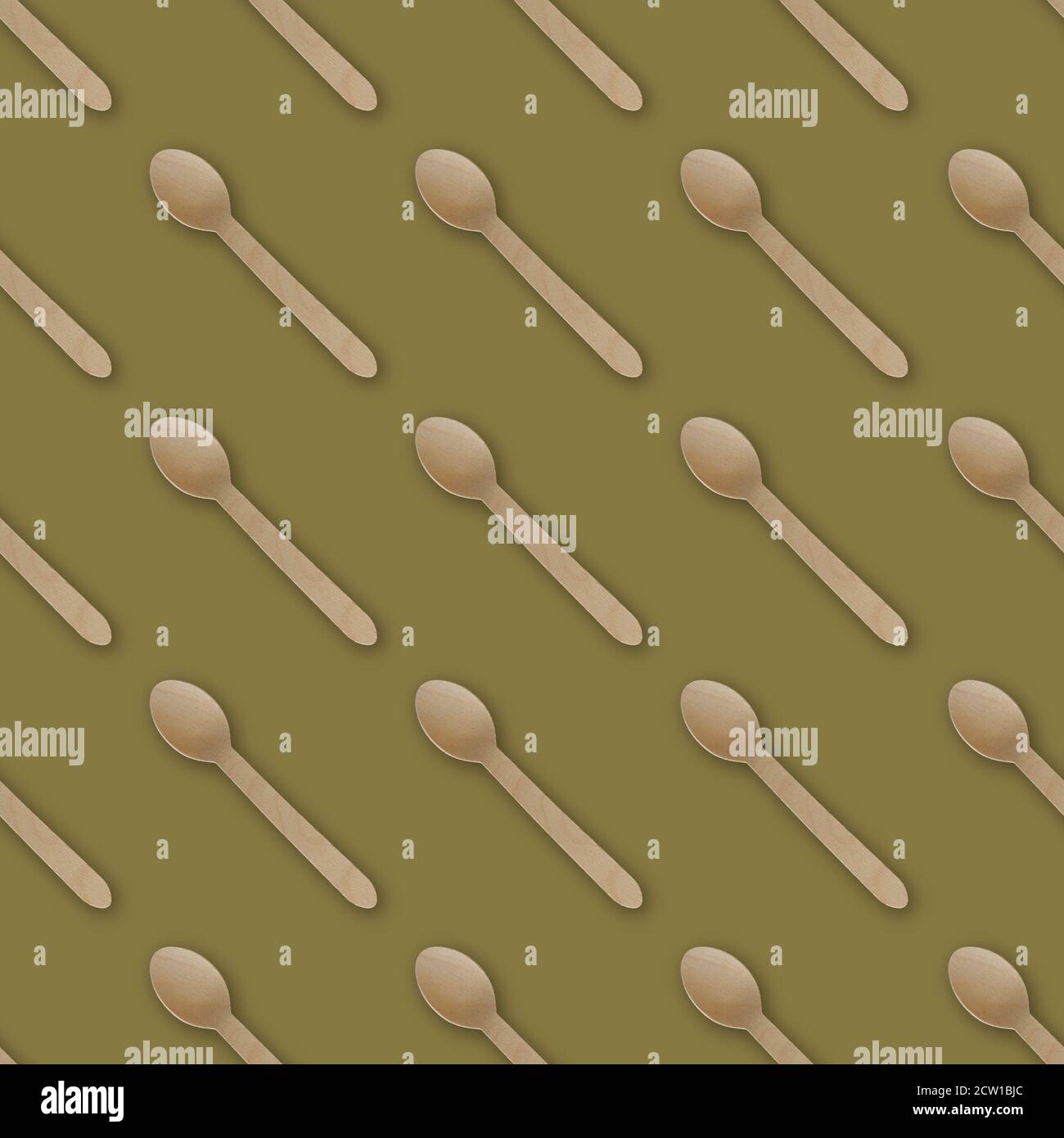 Square, seamless diagonal pattern of single use wooden spoons. Plastic ...