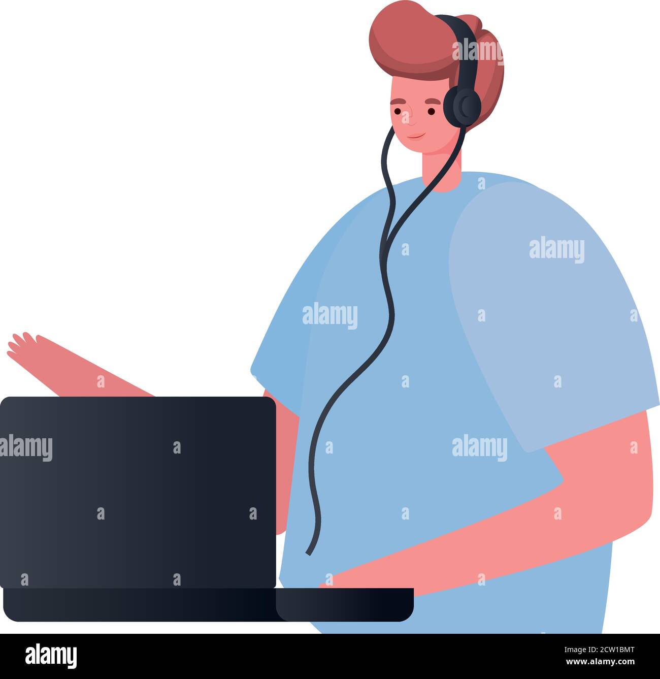 red hair man cartoon with laptop and headphone working vector design ...