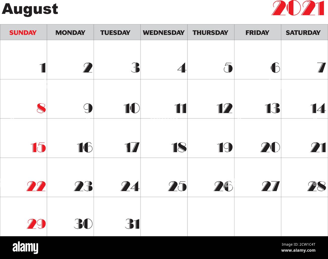 Calendar August 2021 Stock Vector Image & Art - Alamy