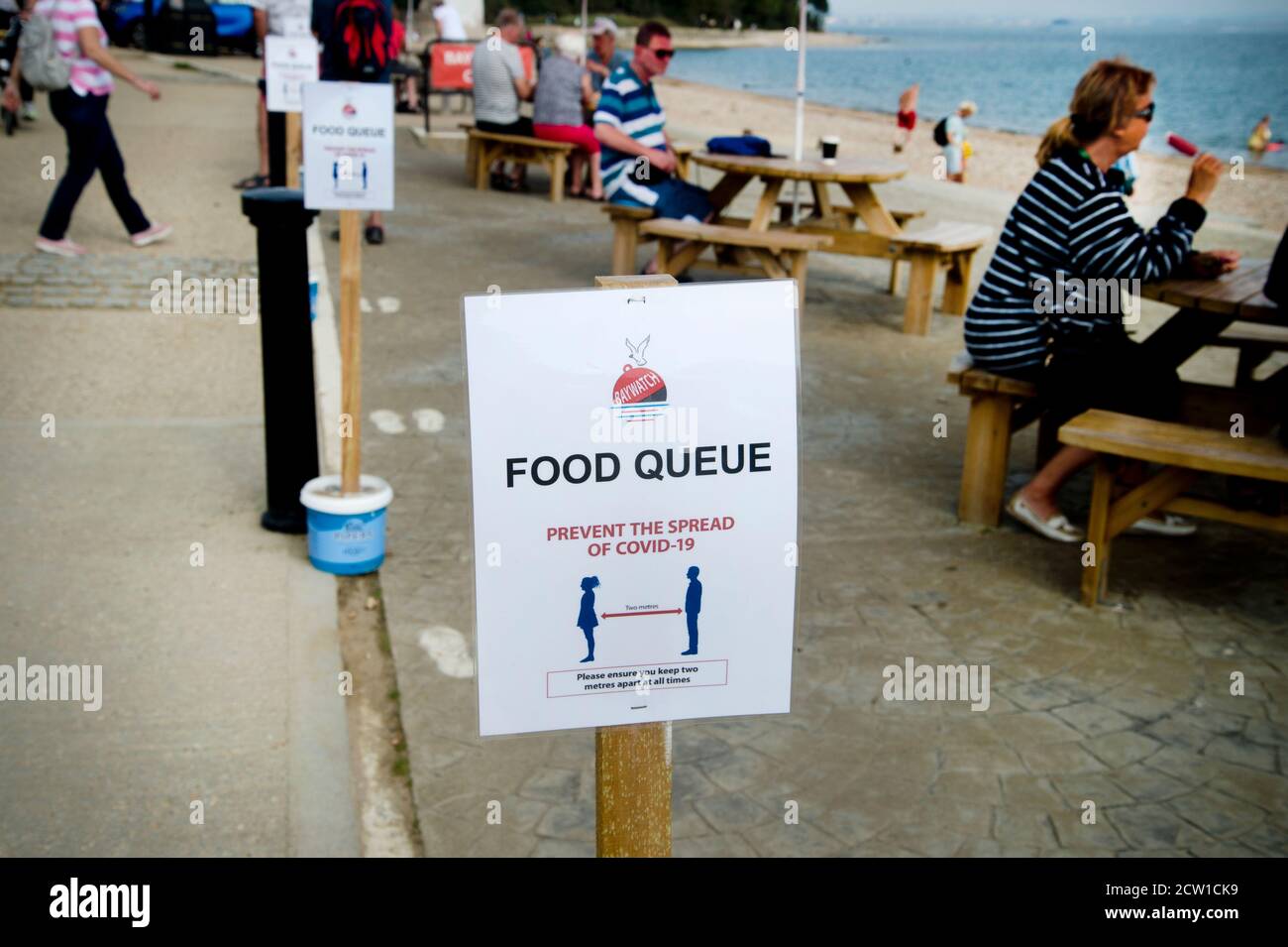 Isle of Wight, September 2020. Bembridge. Sign for food queue with ...