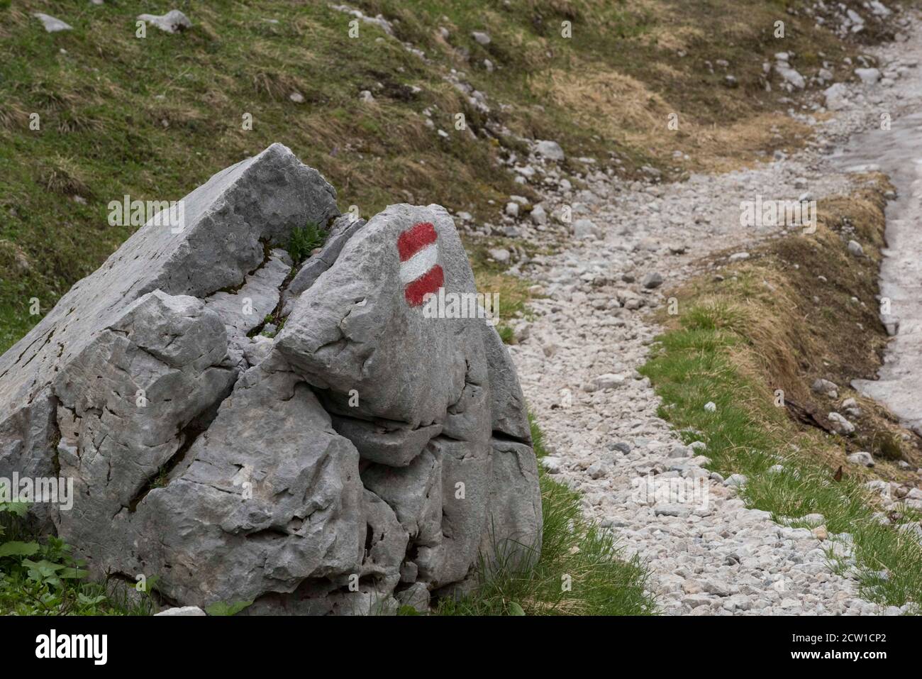 red white red hiking trail marking in the mountains of the alps Stock ...