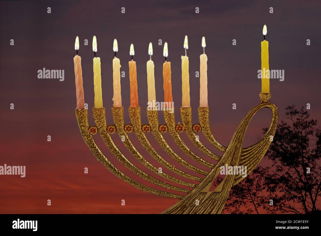 Jewish holiday Hanukkah with menorah traditional burning candles ...