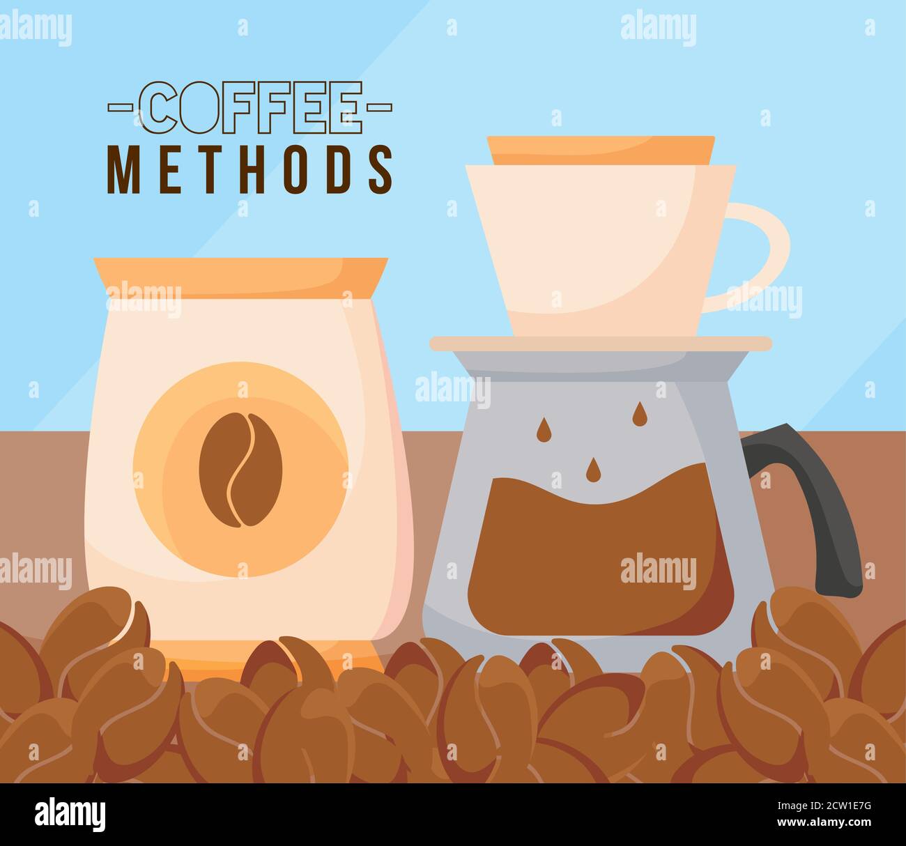 coffee methods with beans bag and pot vector design Stock Vector Image ...