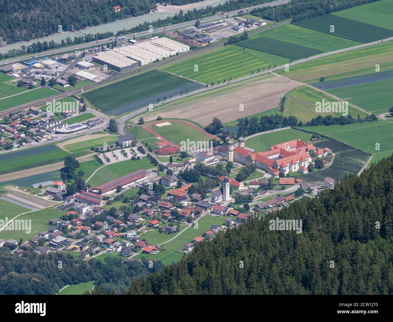 Aerial view of Stams and its Cistercian Abbey, Inn Valley, Tyrol ...