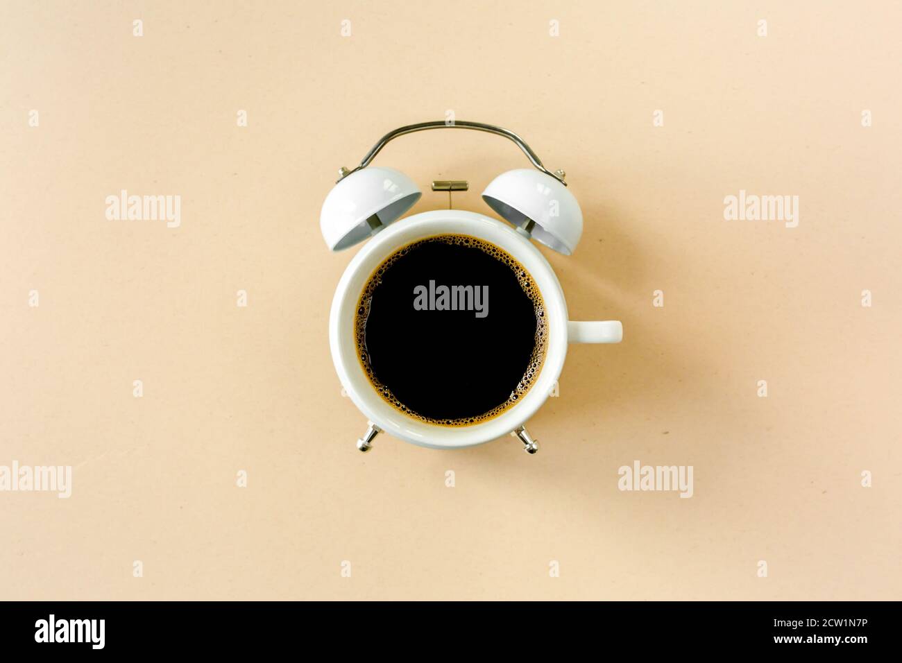 Coffee time, clock on yellow background. Flat lay, top view Stock Photo ...