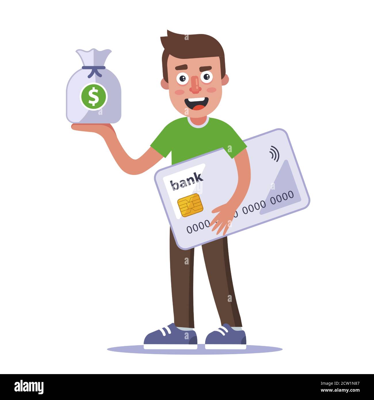 happy man holding a bag of money and a plastic bank card in his hands ...