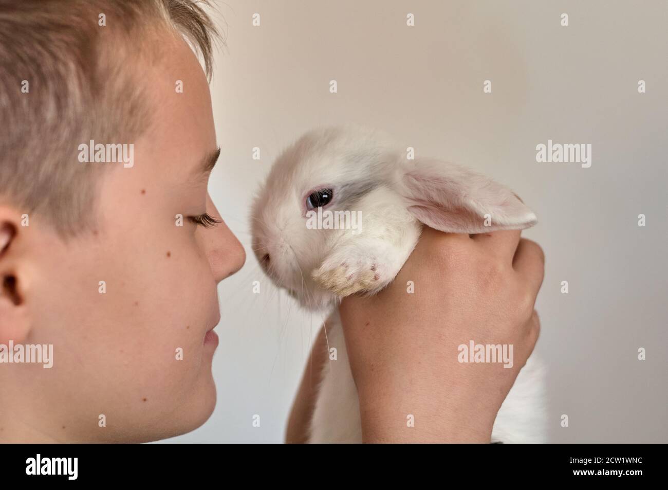 a boy with a white rabbit in his hands Stock Photo - Alamy