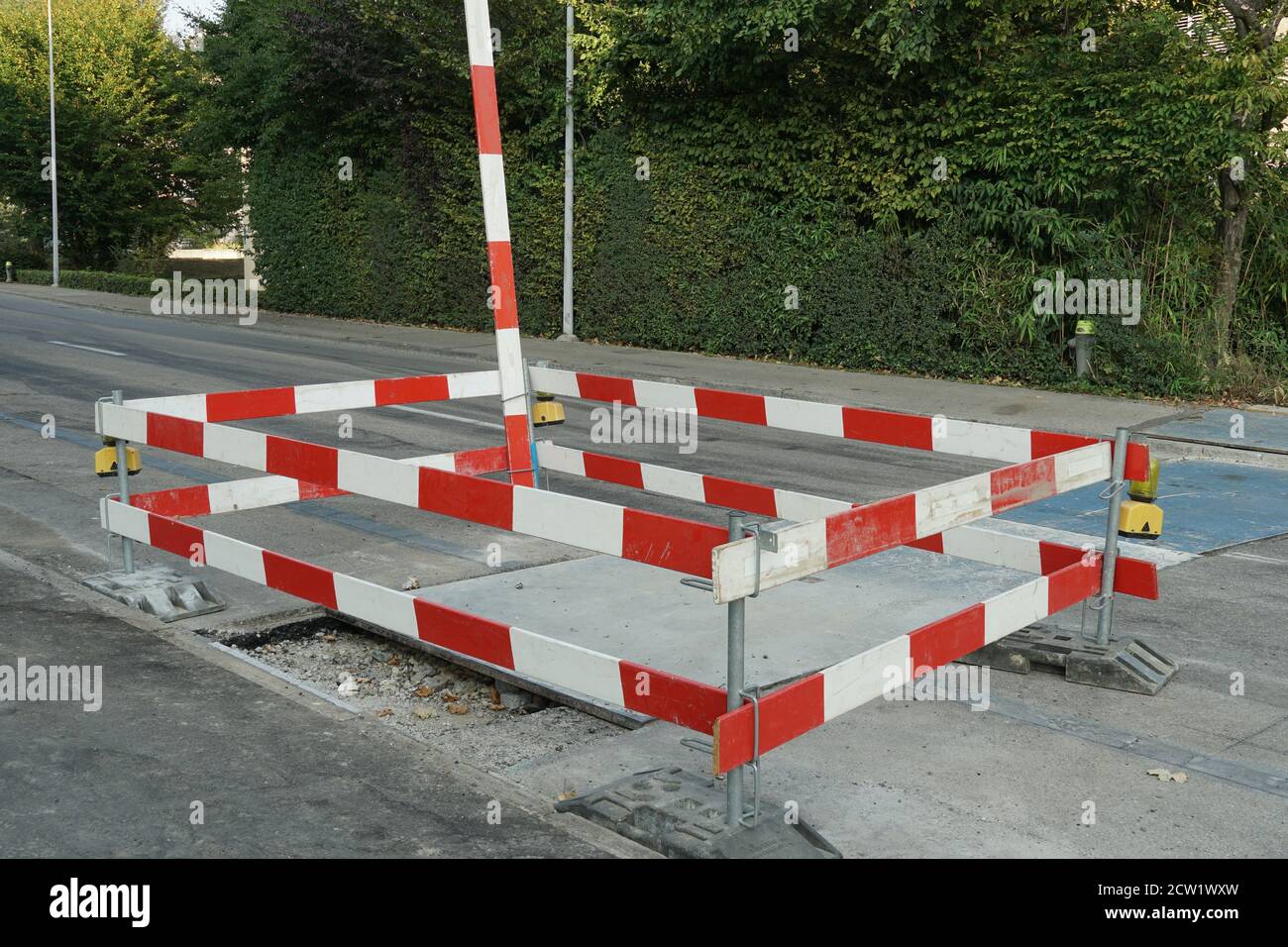Wooden red and white barrier planks of civil engineering arrange to ...