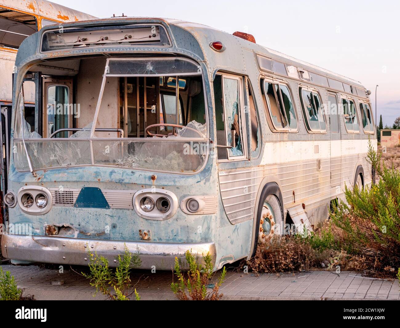 Old abandoned empty retro bus Stock Photo - Alamy