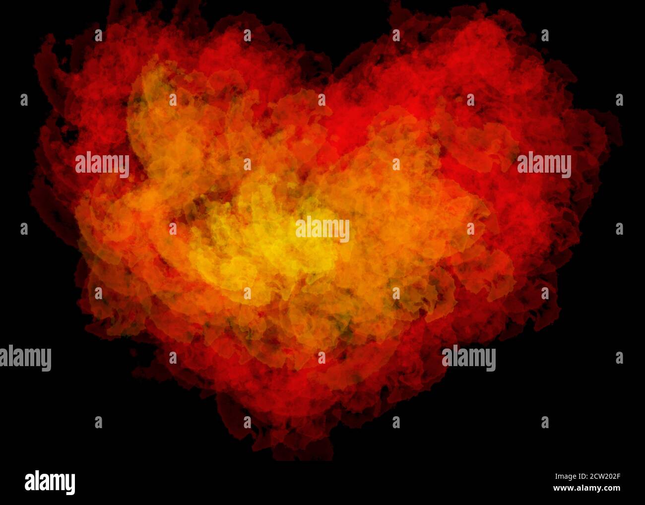 A smoky heart burning in the fire of love in red orange yellow on a ...
