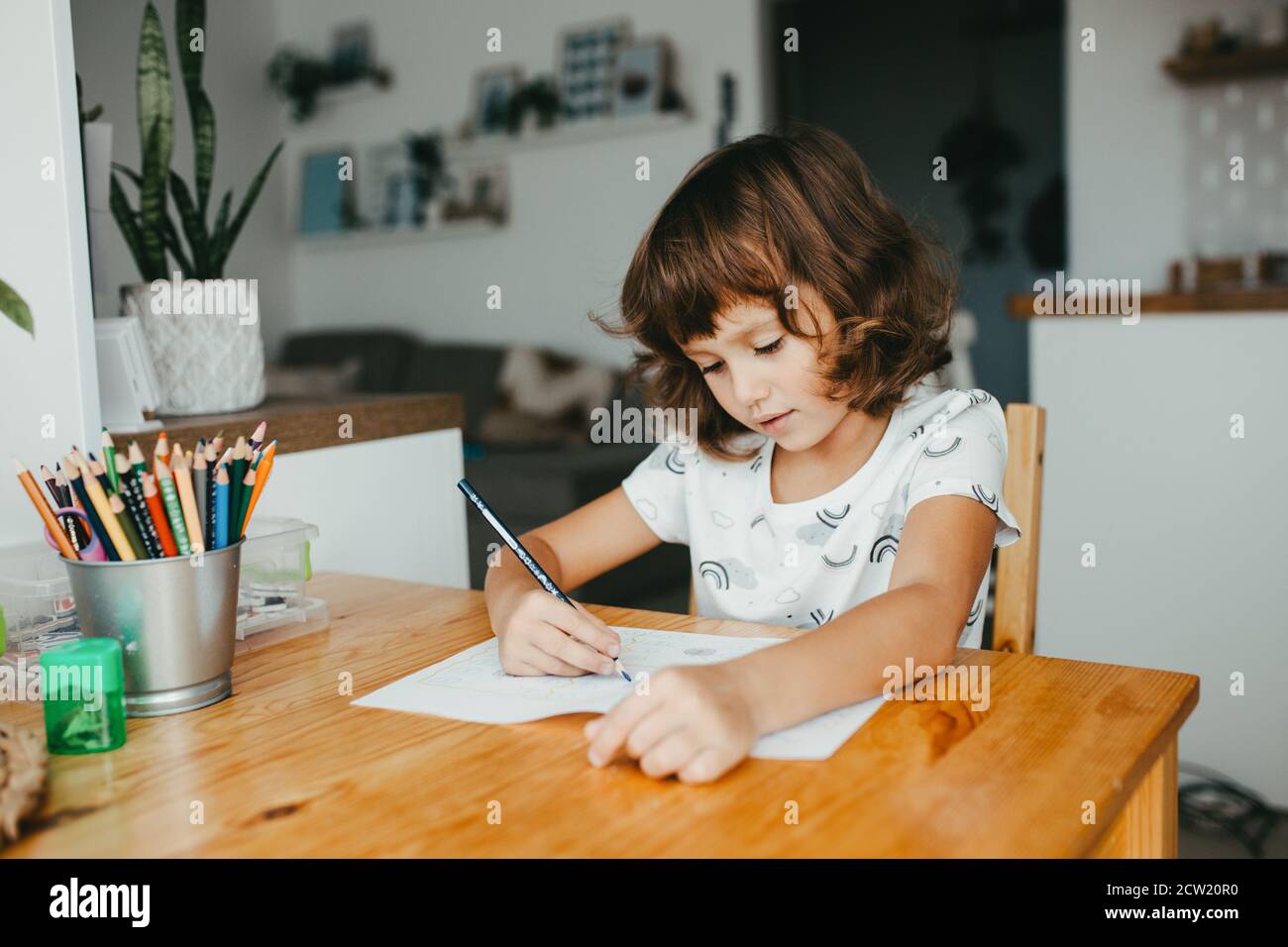 Cute five years girl learning maths at home. Education and distance ...
