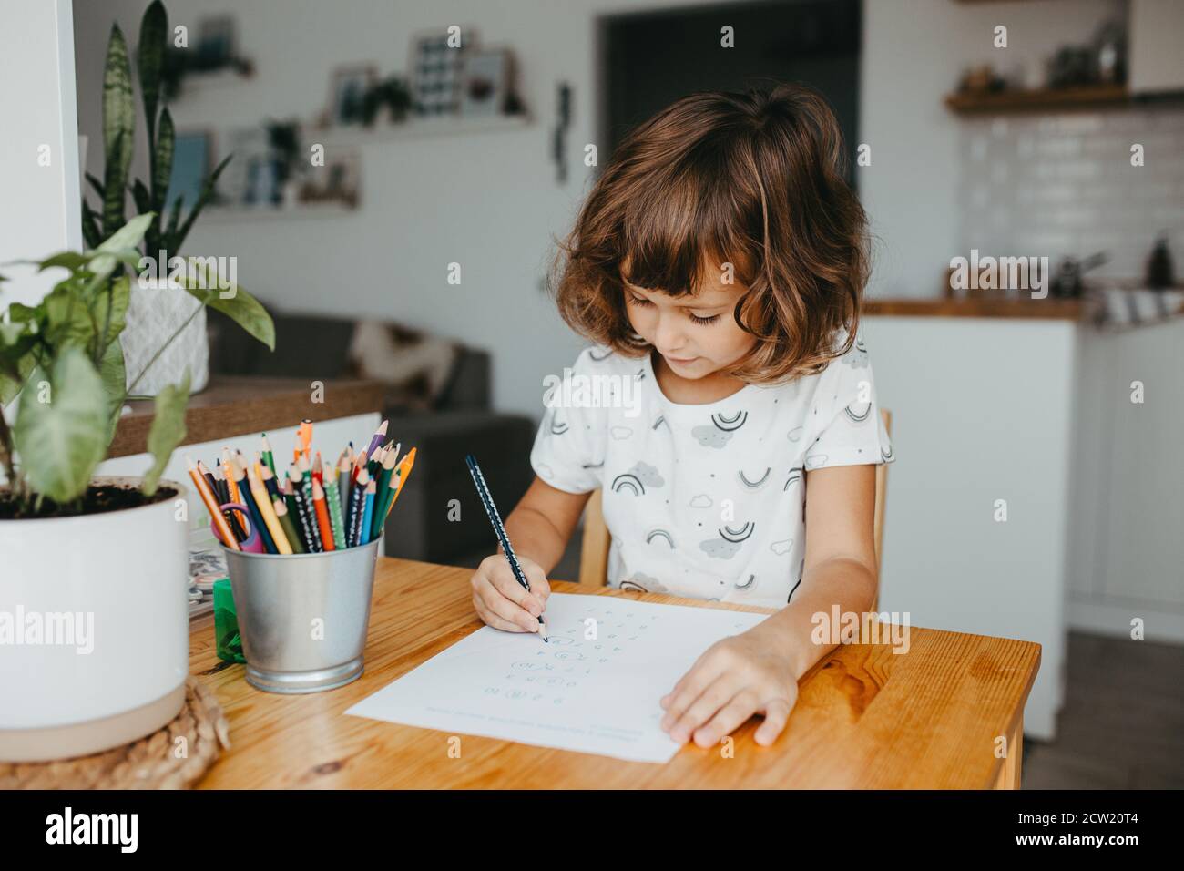 Cute five years girl learning maths at home. Education and distance ...