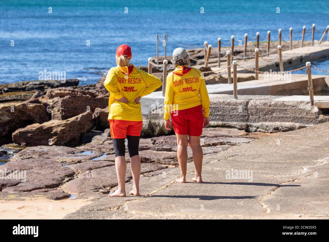 two female australian surf rescue lifeguards on Avalon Beach in Sydney ...