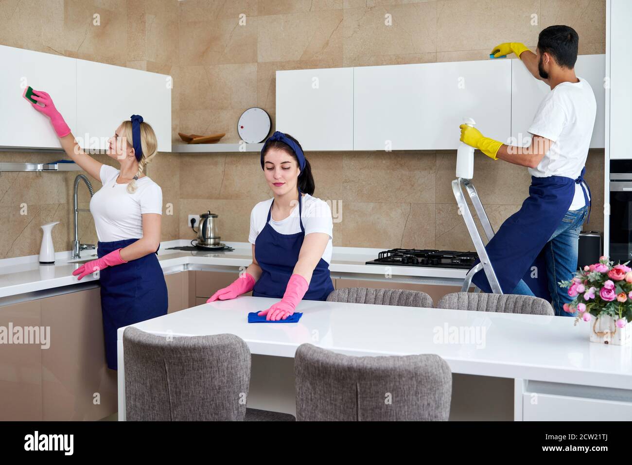 Cleaning service team at work in kitchen in private home Stock Photo ...