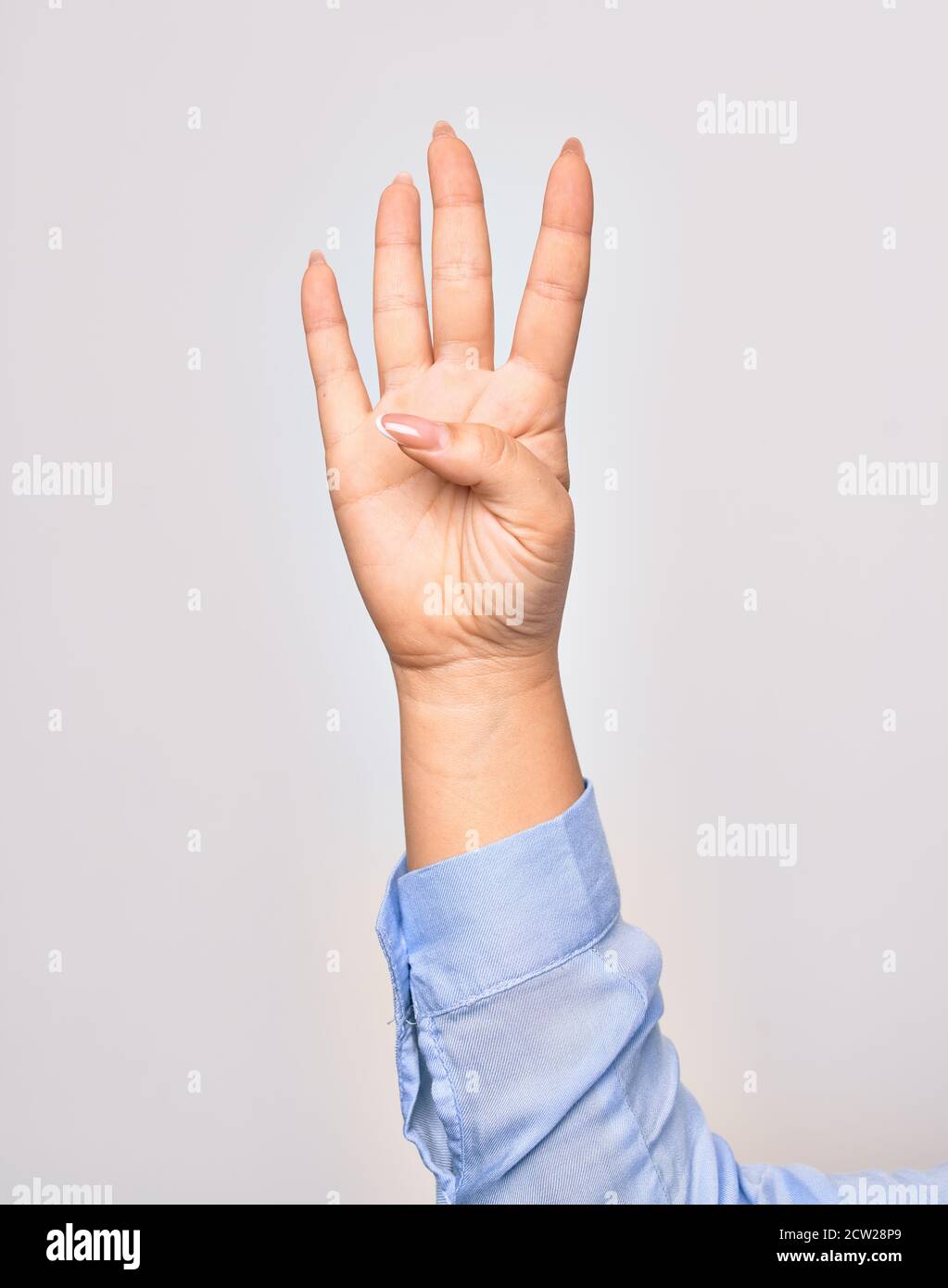 Hand of caucasian young woman showing number four with streched fingers ...