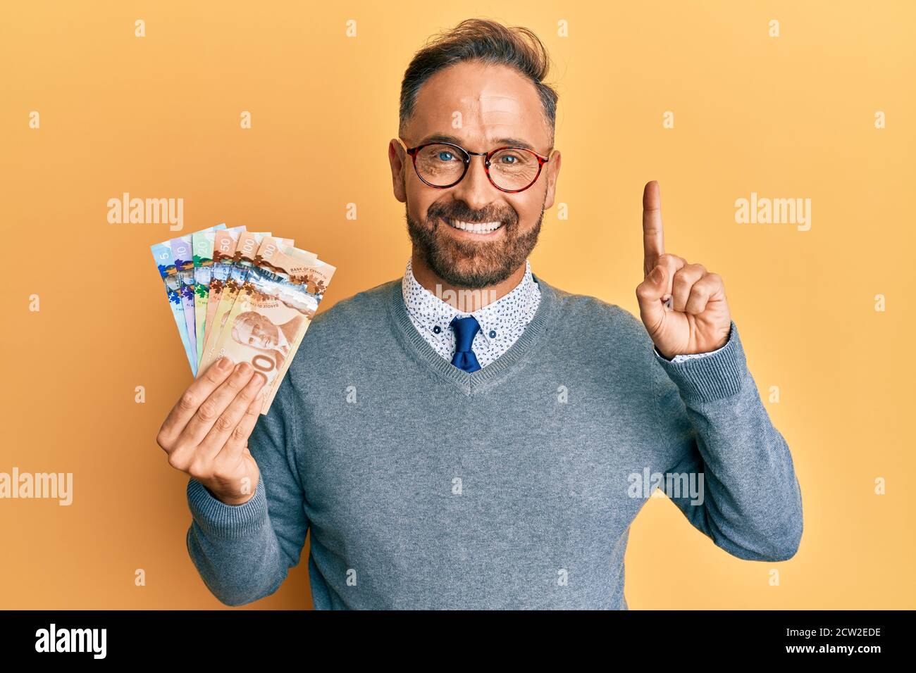 Handsome middle age business man holding canadian dollars smiling with ...