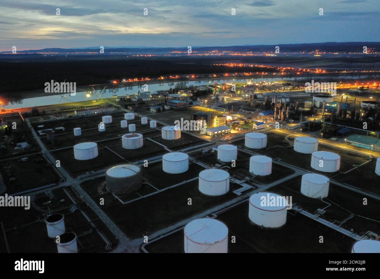 Aerial top view oil refinery at night hi-res stock photography and ...