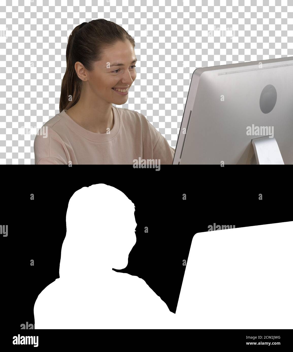 Student blonde girl looking at monitor of computer and smiling Stock ...