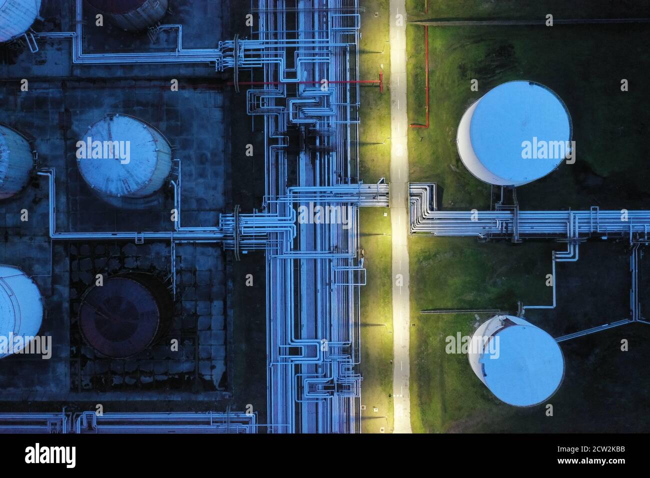 Aerial top view oil refinery at night hi-res stock photography and ...