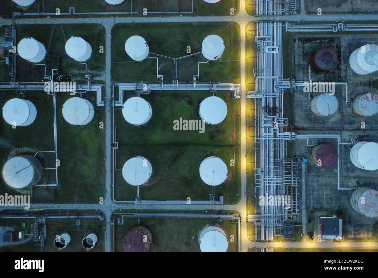 Aerial top view oil refinery at night hi-res stock photography and ...