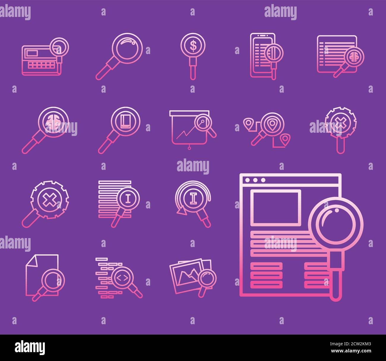 seach line style set of icons design, lupe tool and magnifying glass theme Vector illustration ...
