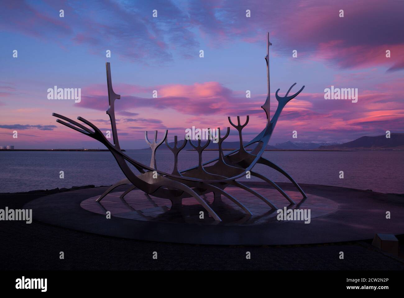 Sun Voyager sculpture at sunset on the waterfront in Reykjavik, Iceland ...