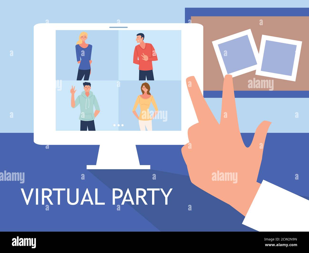 virtual party with men women cartoons in computer and love peace hand ...