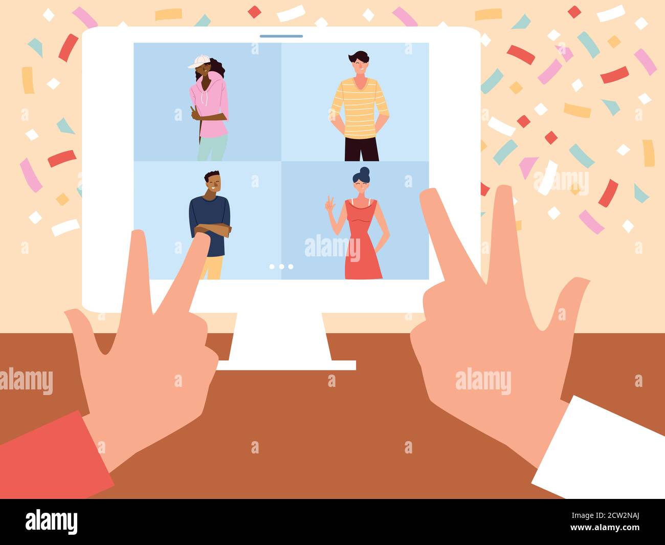 virtual party with men women cartoons in computer and confetti design ...