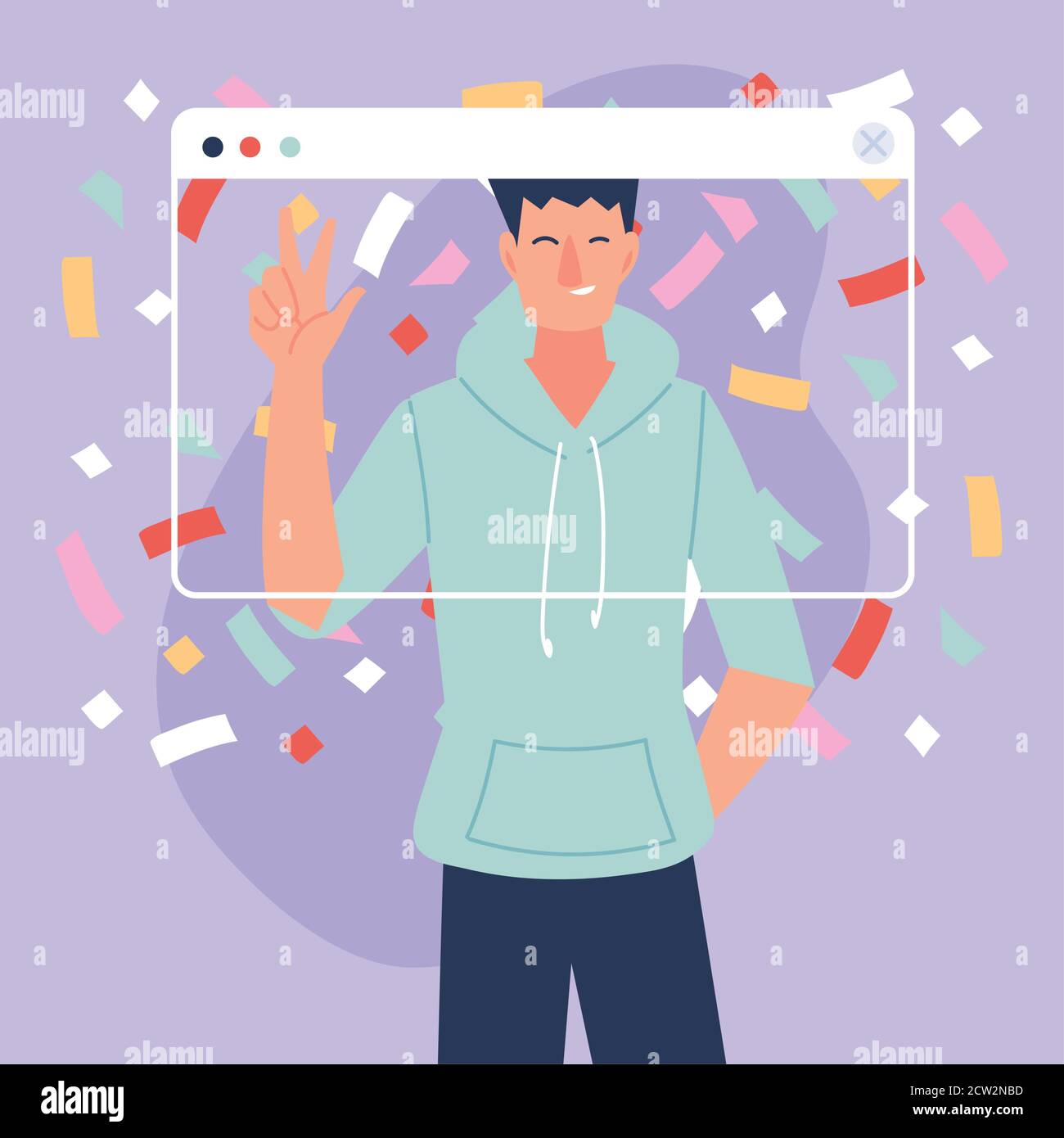 virtual party man cartoon with sportswear and confetti in screen design ...