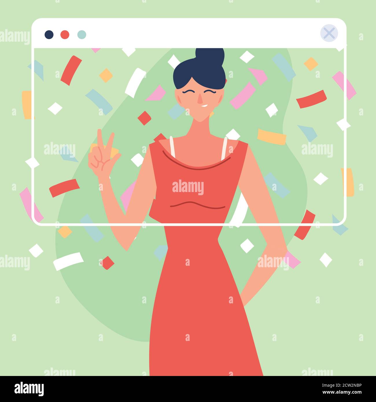 virtual party woman cartoon with dress and confetti in screen design ...