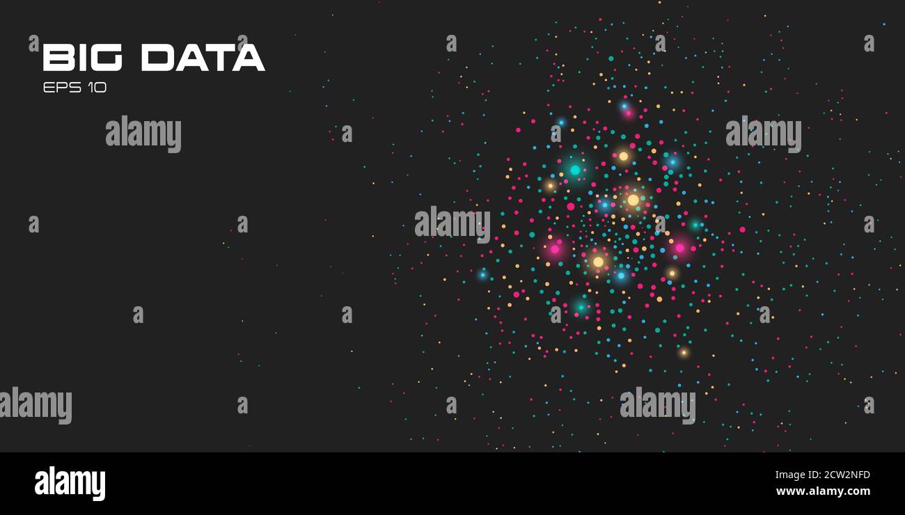 Big data visualization. A cluster of multi colored glow particles ...