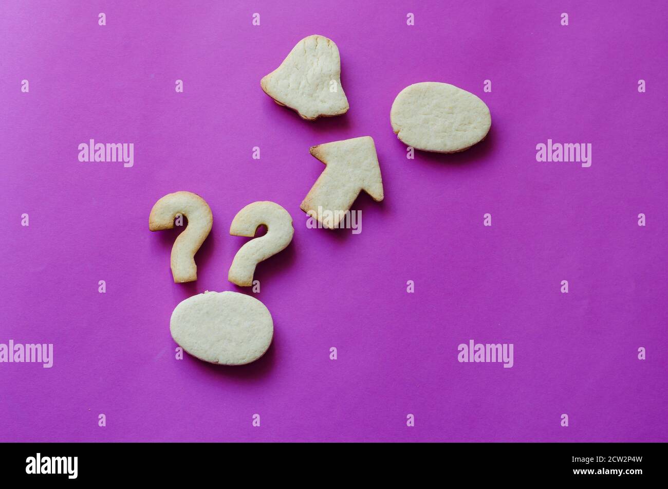 Creative background Homemade shortbread cookies. Bell symbol, question ...