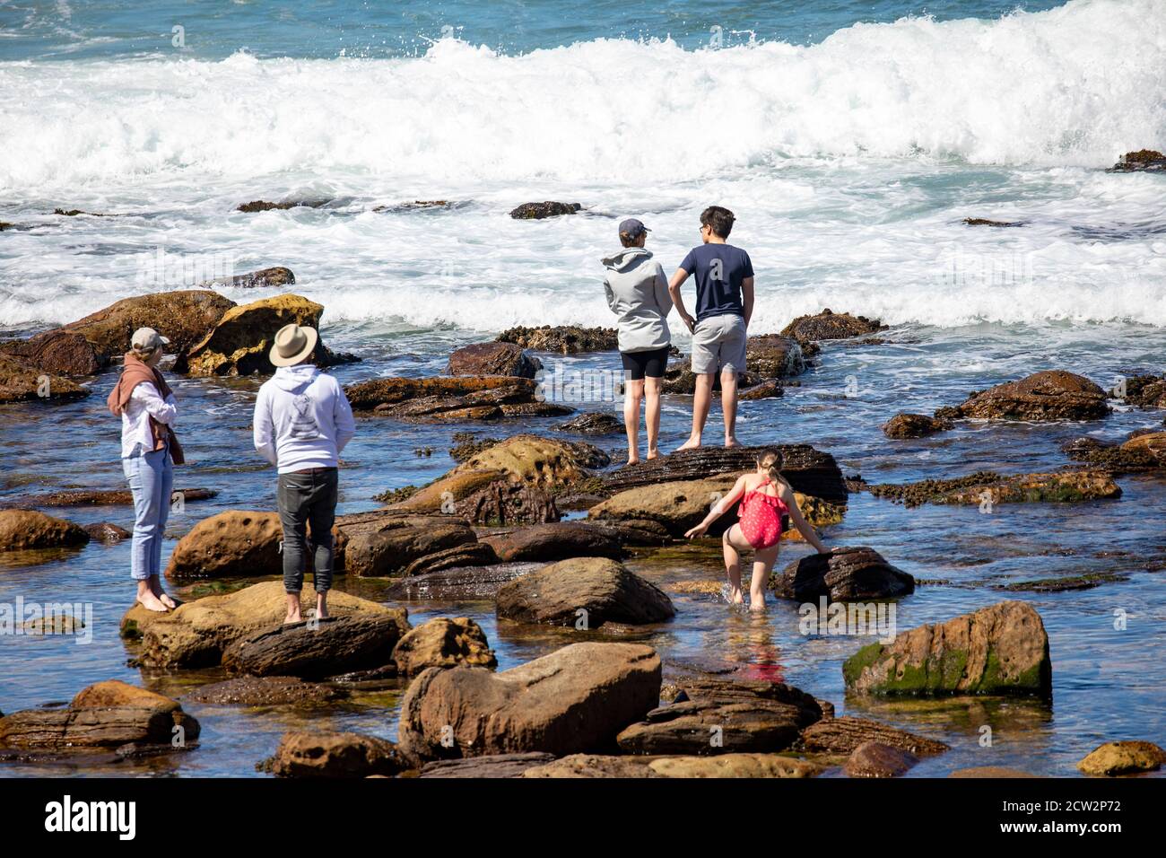 Beach rock pools and family enjoying a day at the seaside,Sydney ...